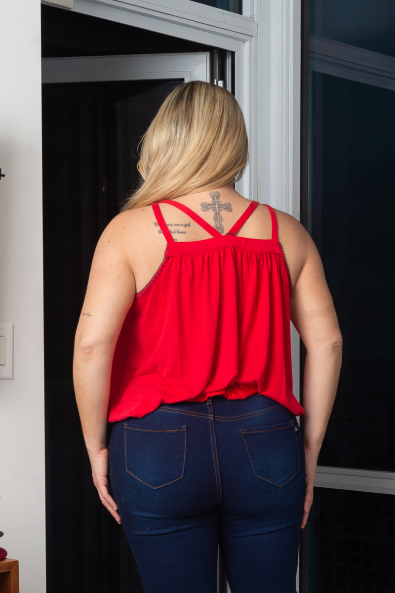 Plus Size Spaghetti Strap V-Neck Top With Embroidered Detail on Neck ...