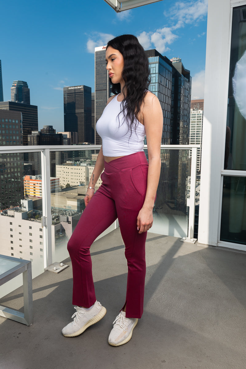 Medium Waist Bell Bottom Legging Pants Slit Front and 2 Front Pockets ...
