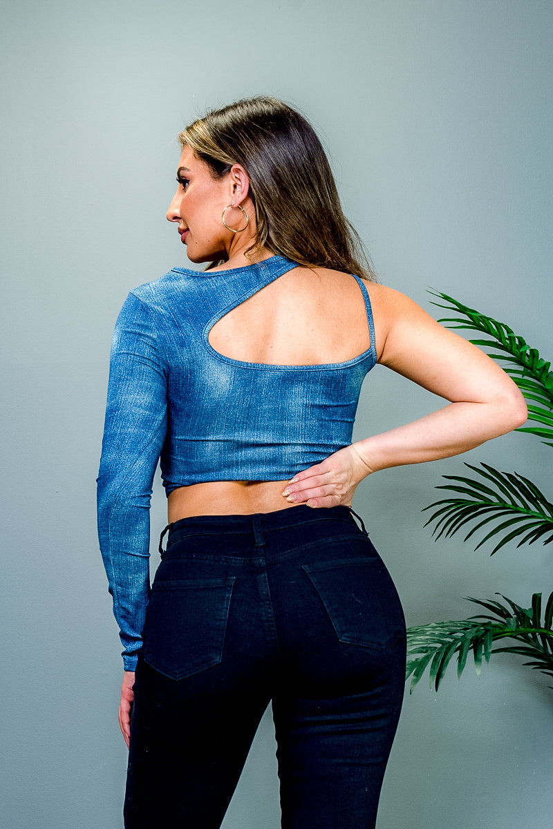 Faded Faux Denim Sublimated Print Monoshoulder Long Sleeve Sling Style ...