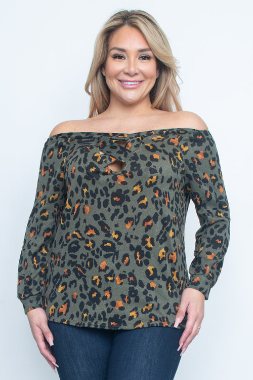Animal Print Plus Size Off Shoulder With Long Sleeve Top In Olive ...
